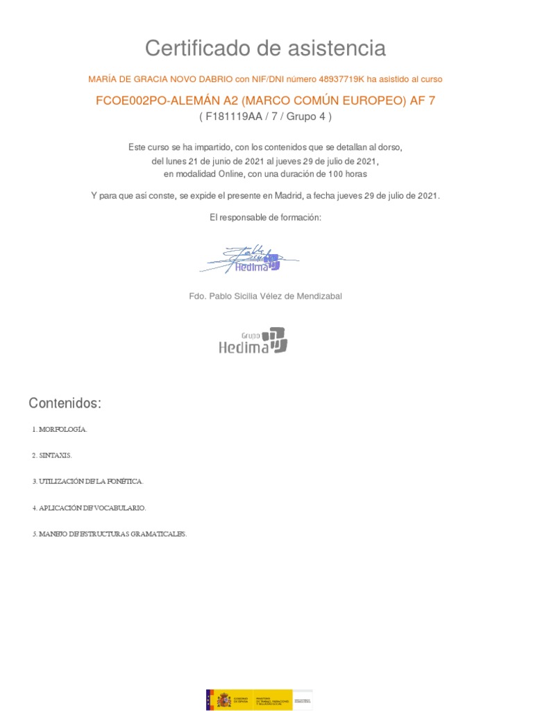 F181119AA - FCOE002POO - 7 - Certificado de Asistencia PDF | PDF