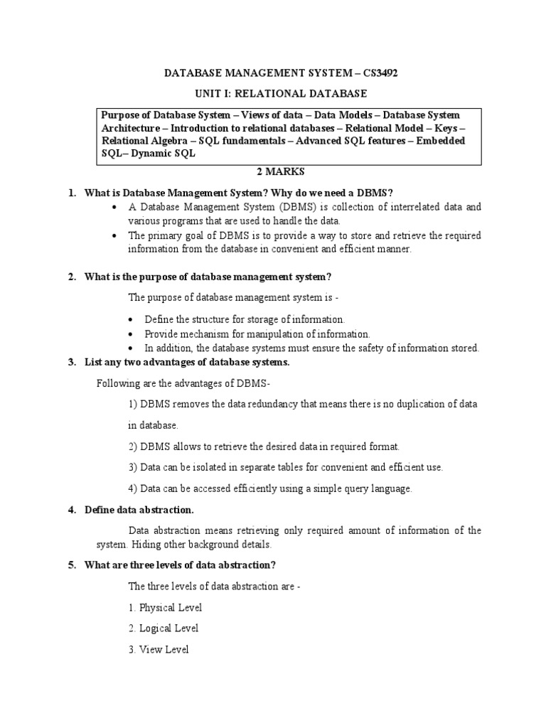 Dbms 2 Marks | PDF | Relational Database | Relational Model Dbms 2 Marks | PDF | Relational Database | Relational Model