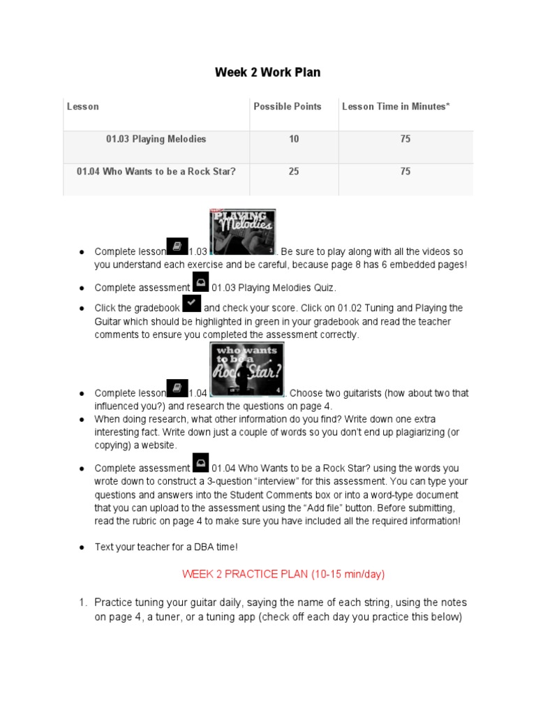 Week 2 Work Plan | PDF | Guitars | Musical Instruments