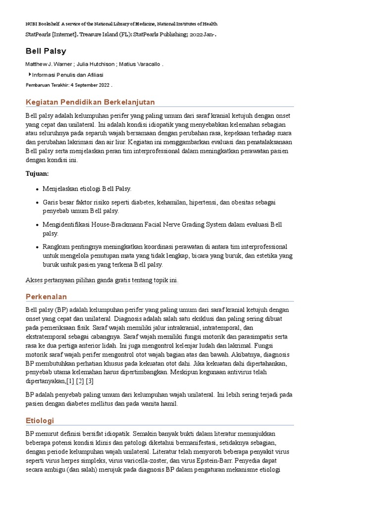 Bell Palsy - StatPearls - Rak Buku NCBI | PDF | Sains & Matematika