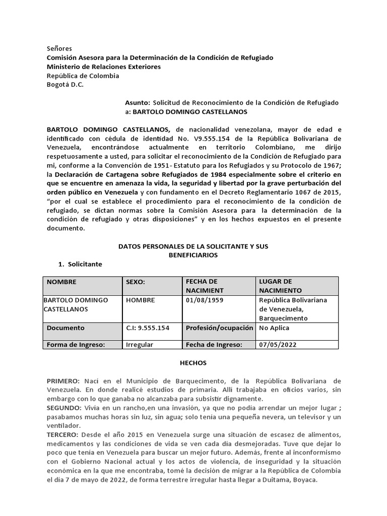 Reconocimiento Condicion Refugiado Bartolo Castellanos All | PDF ...