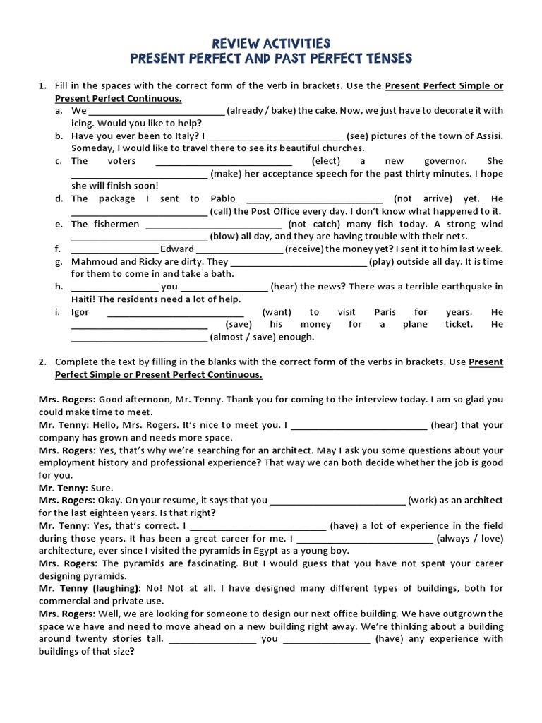 ReviewAct - Perfect Tenses | PDF | Grammatical Tense