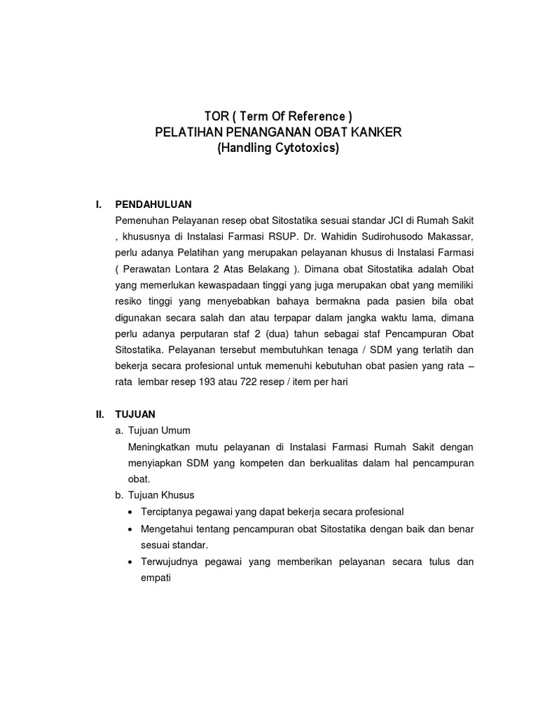 CONTOH TOR PELATIHAN SITOSTATIKA & TPN | PDF