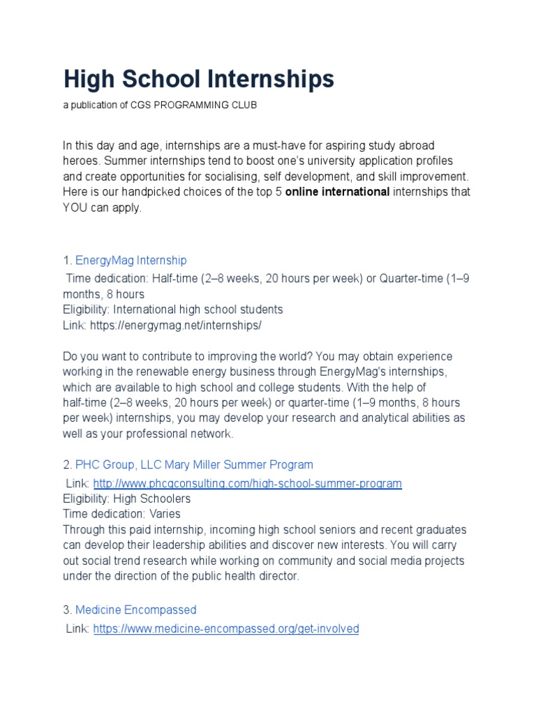 High School Internships | PDF | Internship | Job Hunting