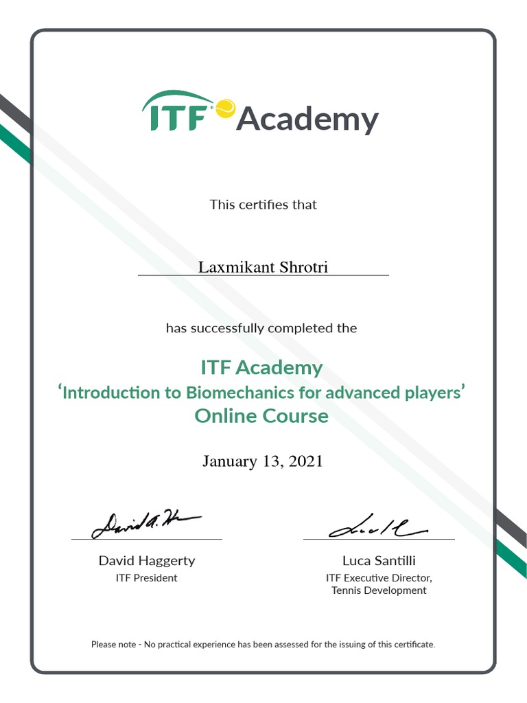 ITF Academy Biomechanics Course Certificate | PDF