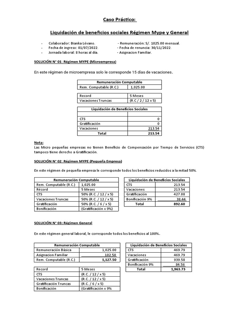 Liquidación de Beneficios Sociales Régimen Mype y General | PDF | Relaciones laborales ...