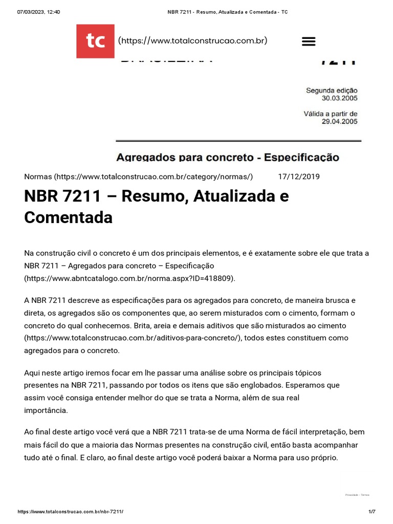 NBR 7211 - Resumo, Atualizada e Comentada - TC | PDF | Concreto | Cimento