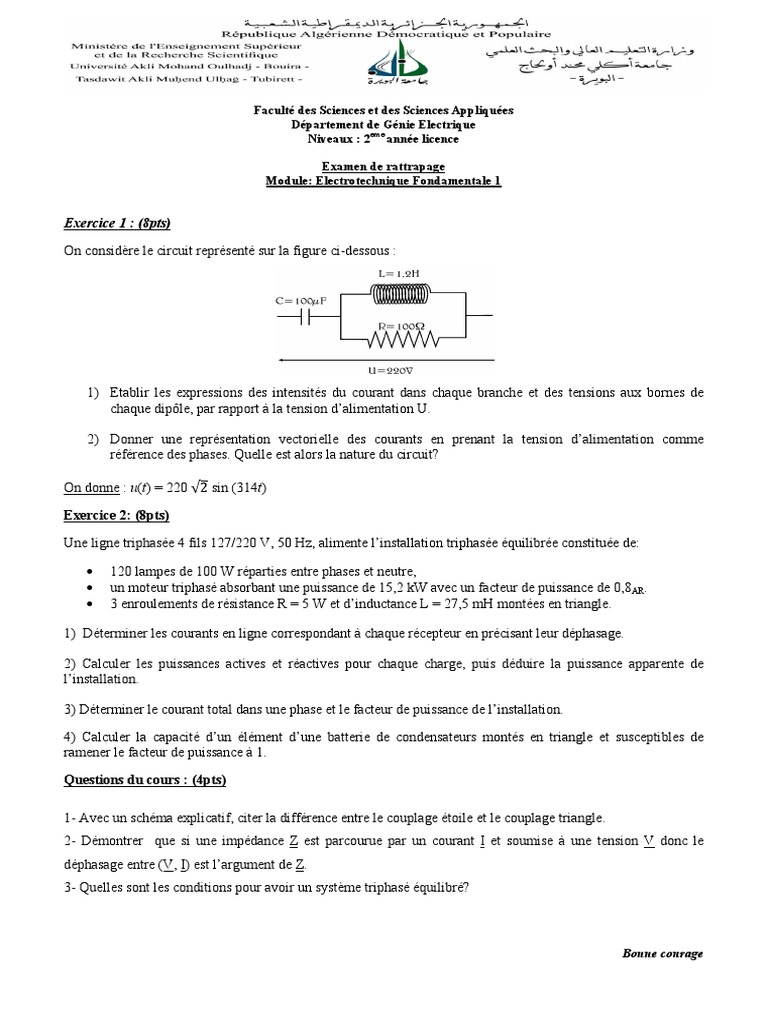 Examen de Rattrapage en Electrotechnique 1 | PDF