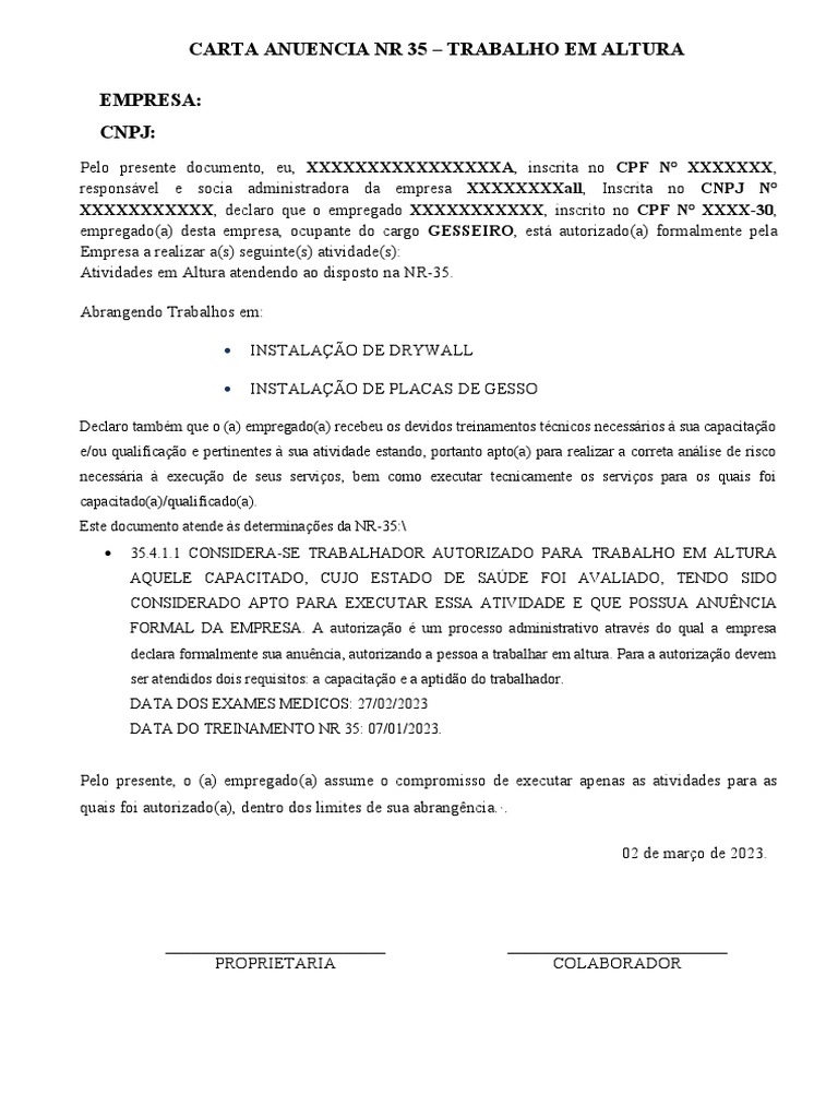 Carta Anuencia NR 35 | PDF