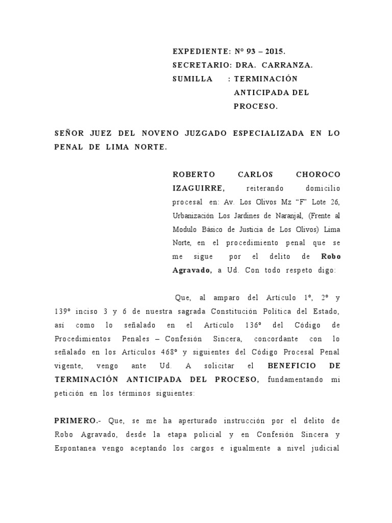 Terminacion Anticipada. Roberto Carlos Choroco Izaguirre | PDF ...