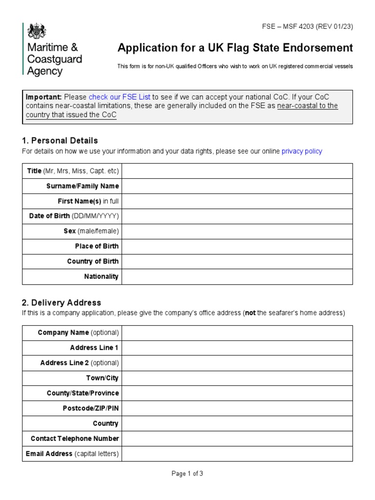 FSE Application Form - MSF 4203 REV 0123 PDF | PDF | Sea Captain