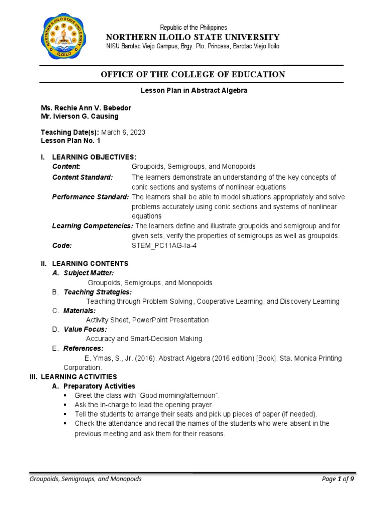 Lesson Plan in Abstract Algebra - Groupoids | PDF | Algebraic ...