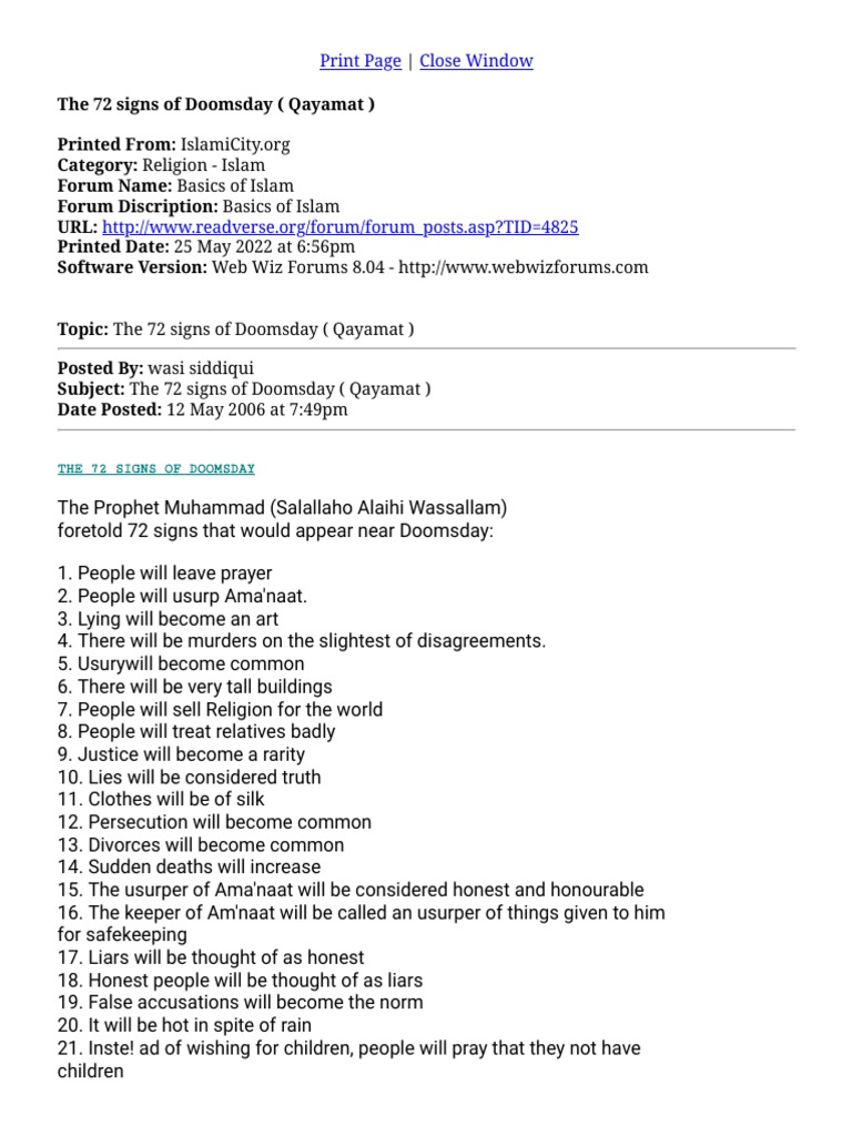 Basics of Islam - The 72 Signs of Doomsday (Qayamat) | PDF | Surah ...