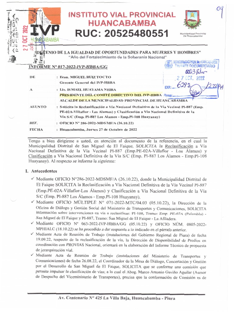 INFORME 017-2022-IVP HBBA-GG Respuesta OFICIO 286-2022-MDSMF-ALC 26.10.22 CARGO | PDF