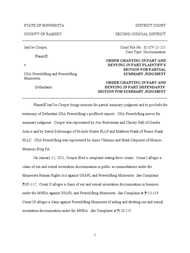 JayCee Cooper Ruling | PDF | Summary Judgment | Discrimination