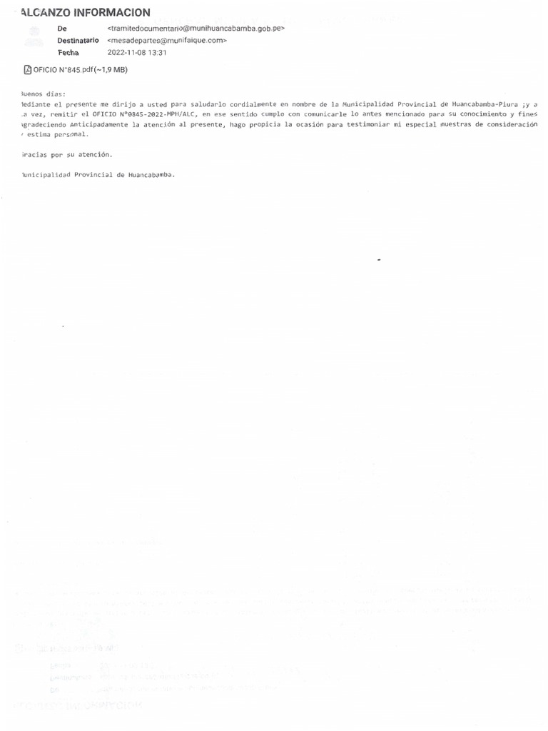 Of Num 845-2022-MPH-ALC 07.11.22 Cod RUTA Py CUI 2511488 CARGO | PDF