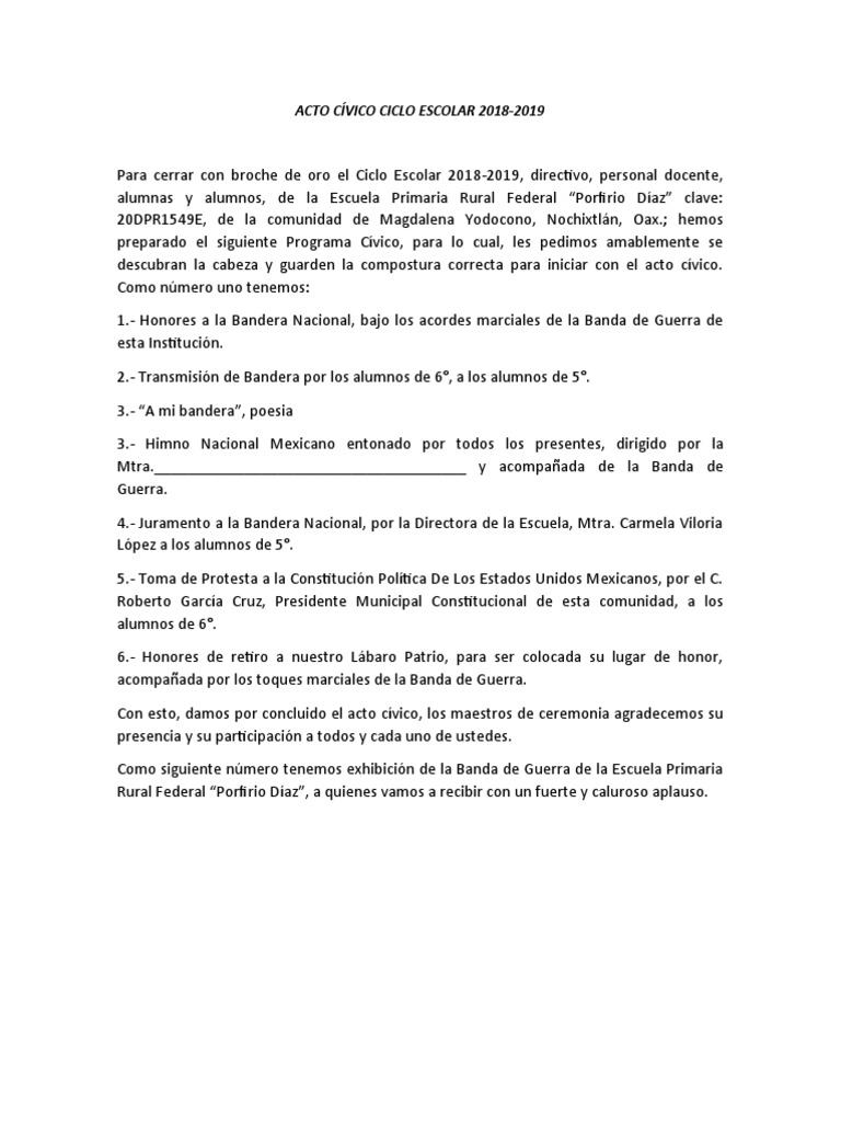 Acto Cívico Ciclo Escolar 2018-2019 | PDF