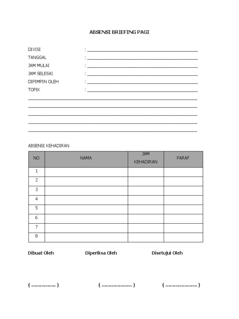 Contoh Absensi Briefing Pagi | PDF