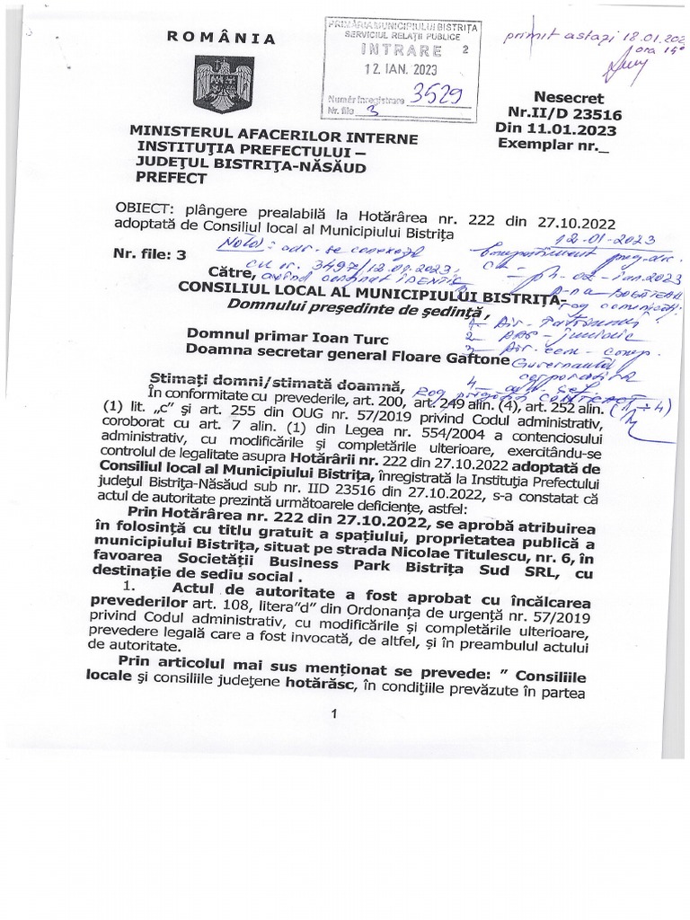 Plangere Prealabila Prefect La HCL 222 - 27.10.2022 | PDF