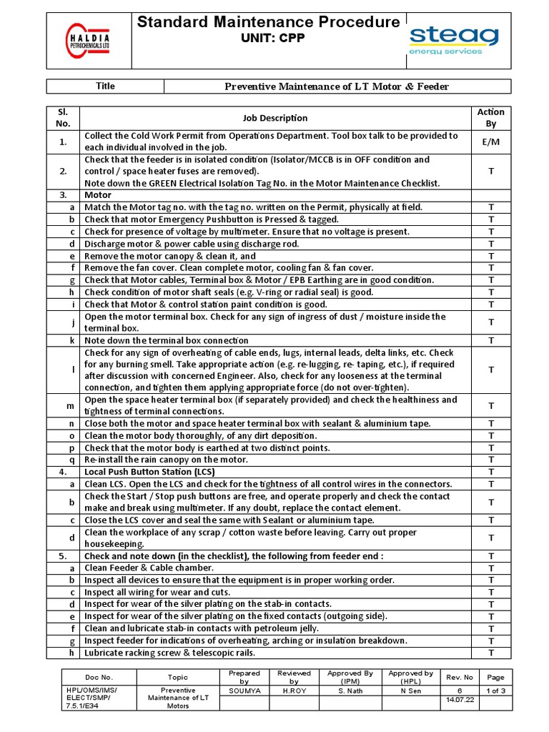 Preventive Maintenance of LT Motor & Feeders Rev-6 | PDF | Relay | Fuse ...