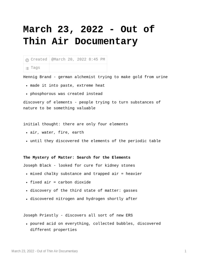 Out of Thin Air Documetary | PDF | Oxygen | Chemical Elements