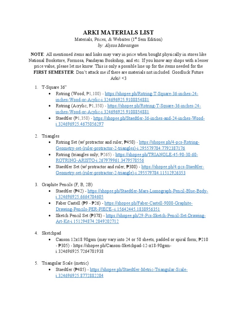 ARKI MATERIALS LIST | PDF | Office Equipment | Tools