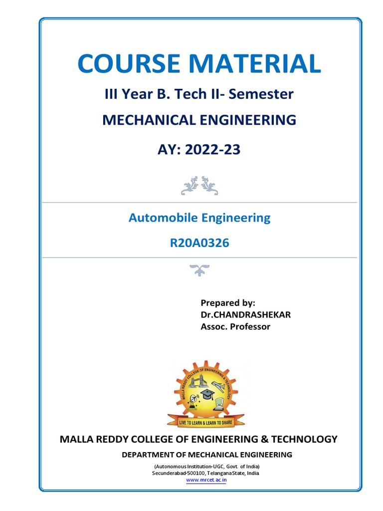 Course Materials for Automobile Engineering: A Comprehensive Guide to the III Year B.Tech II ...