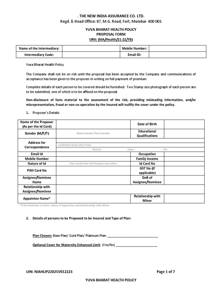 Proposal Form Yuva Bharat Health Policy | PDF | Insurance | Underwriting