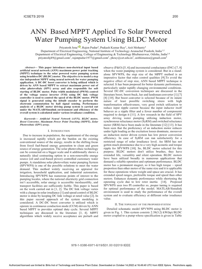 ANN Based MPPT Applied To Solar Powered Water Pumping System Using BLDC Motor | PDF | Physical ...