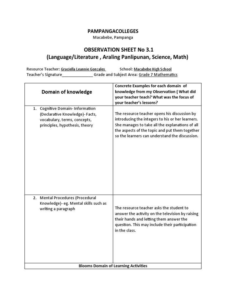 Observation Sheet for Grade 7 Math | PDF | Learning | Knowledge