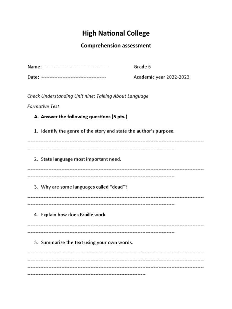 Comprehension Assessment 3 Grade 6 | PDF