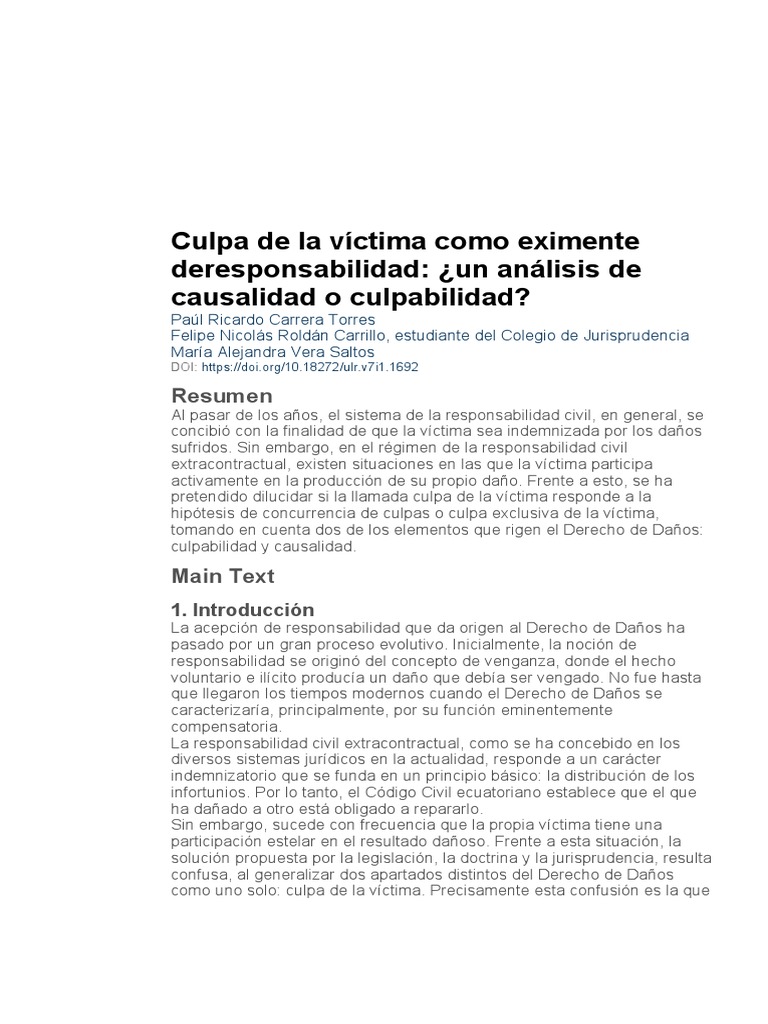 Culpa de La Víctima Como Eximente Deresponsabilidad: ¿Un Análisis de ...