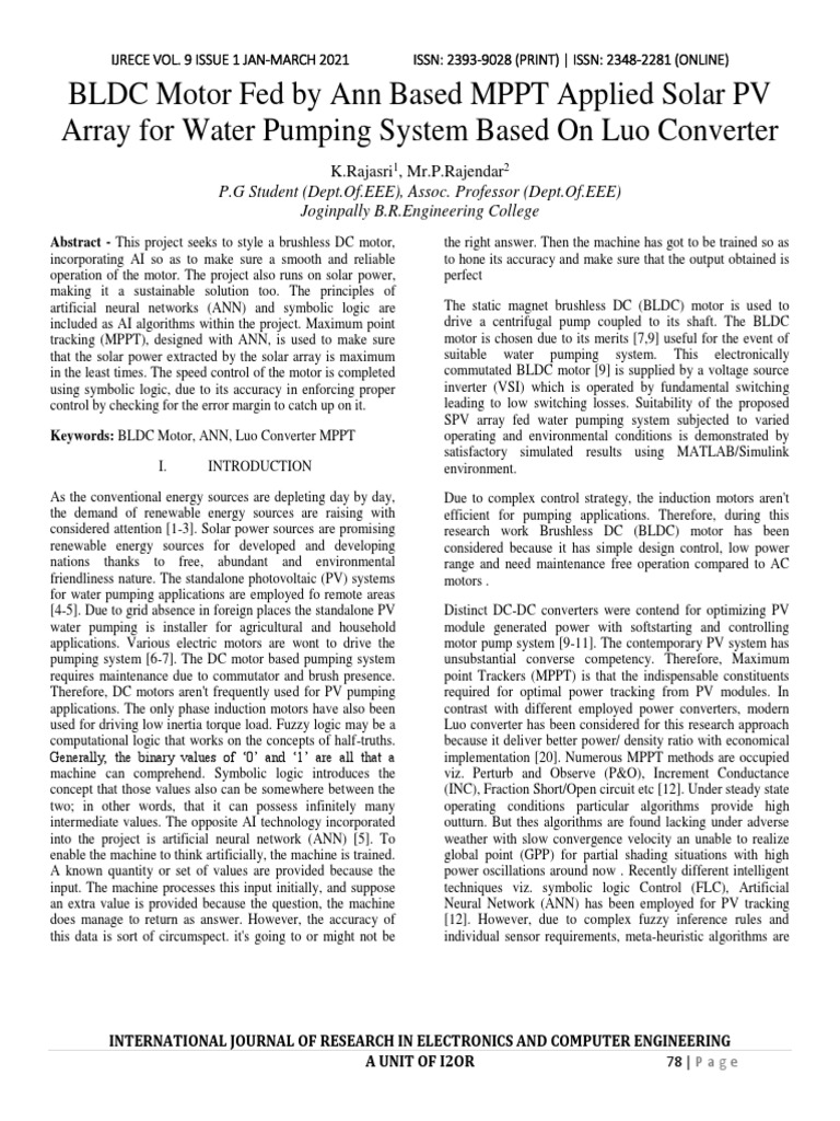 BLDC Motor Fed by Ann Based MPPT Applied Solar PV Array For Water ...