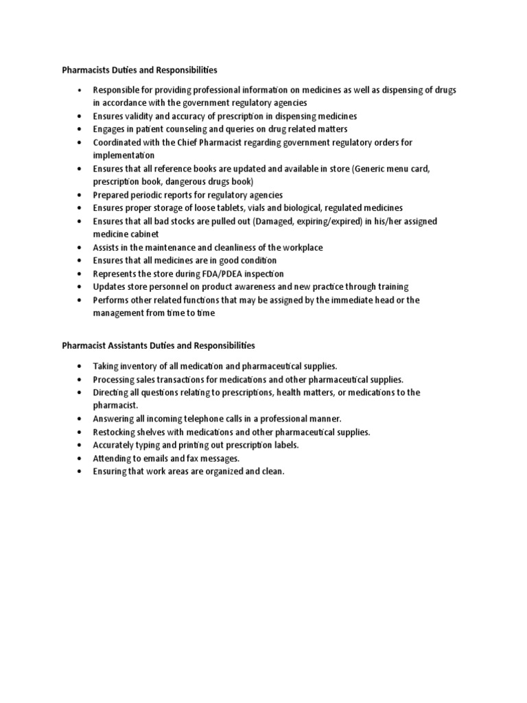 Pharmacists Duties and Responsibilities | PDF
