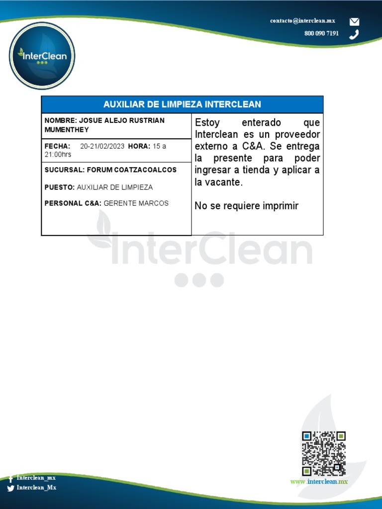 Pase de Entrada Interclean | PDF