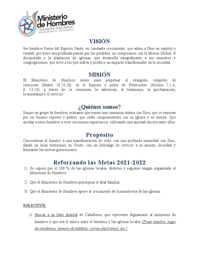 Visión, Mision y Metas Ministerio de Hombres 2019 | PDF