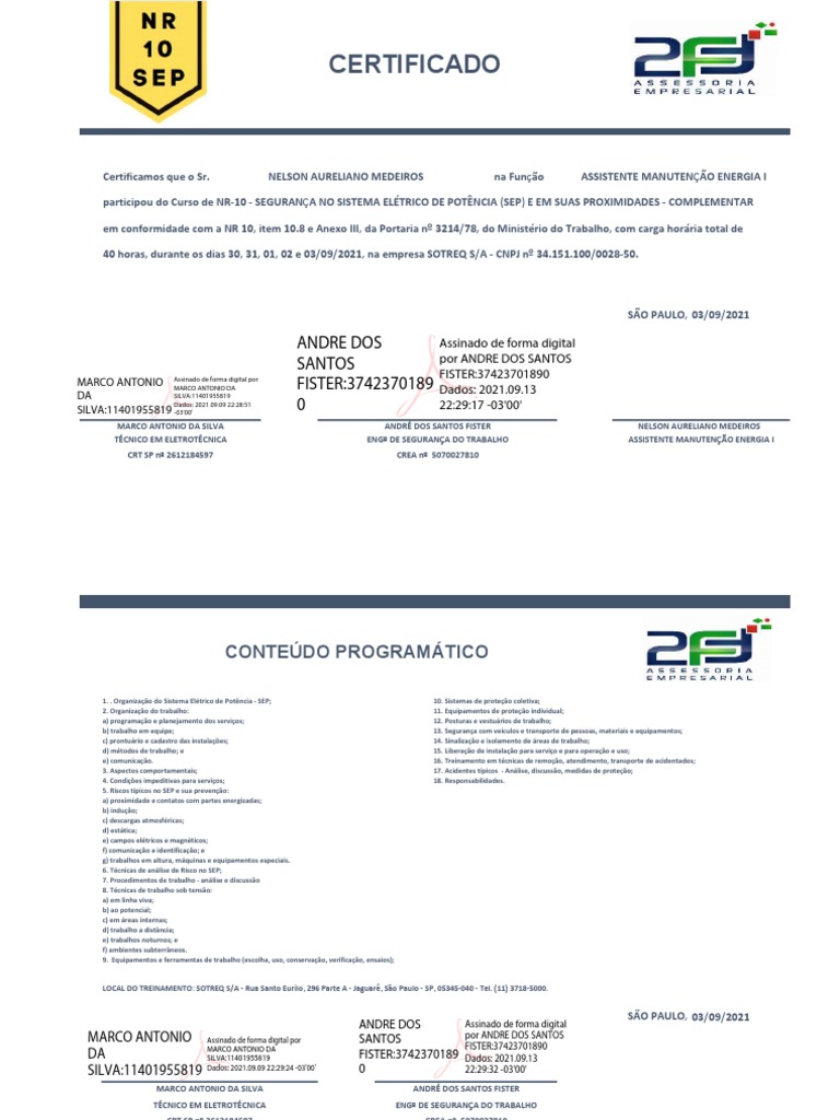 Certificado - Nelson Medeiros - NR10 Sep | PDF | Eletricista
