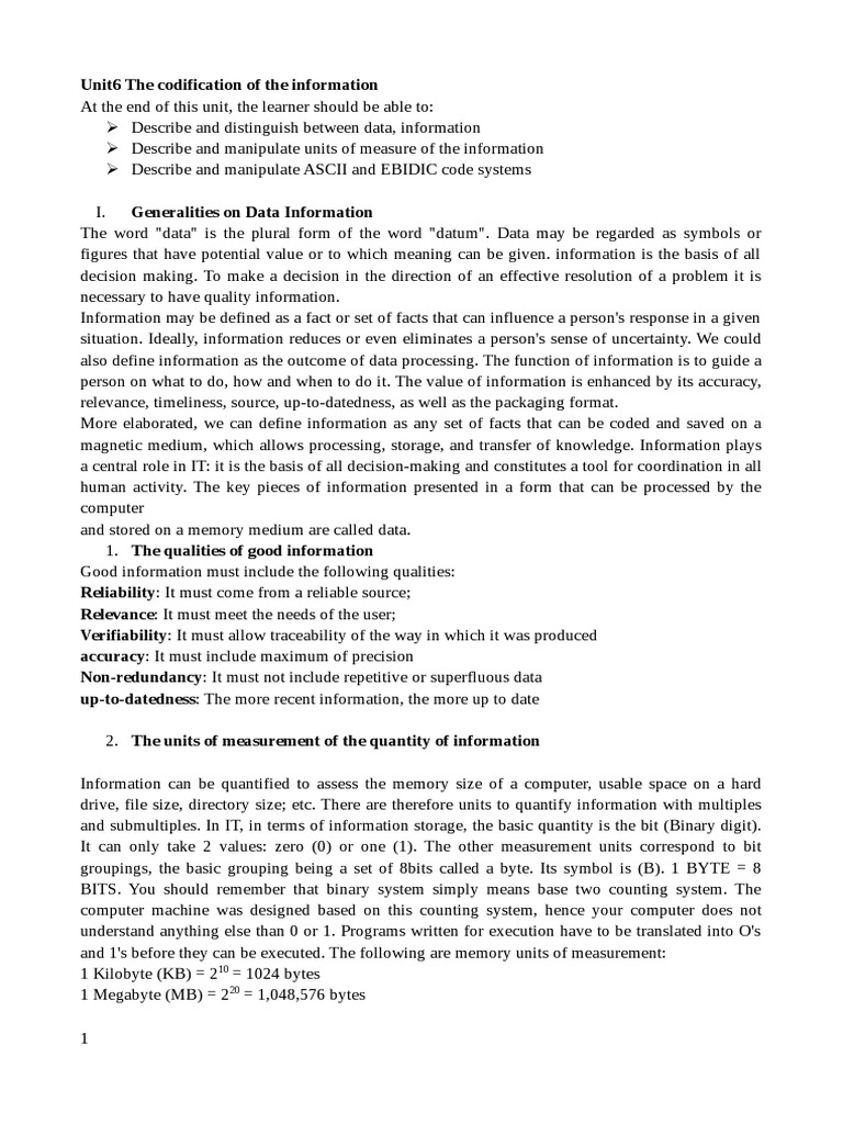 UNIT6CODIFICATIONOFINFO | PDF | Byte | Information
