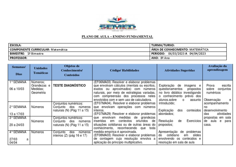 Plano de Aula 8 Ano 2023 | PDF | Matemática | Números