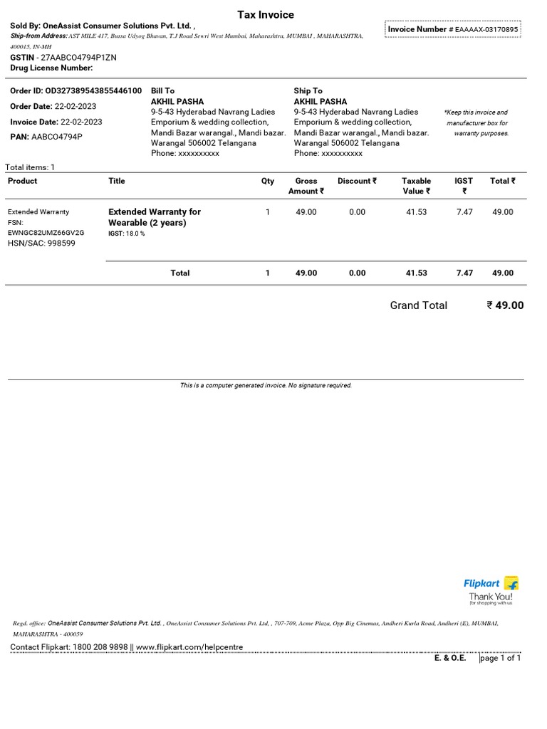 Invoice for Extended Warranty & Smartwatch | PDF | Marketing | Economies