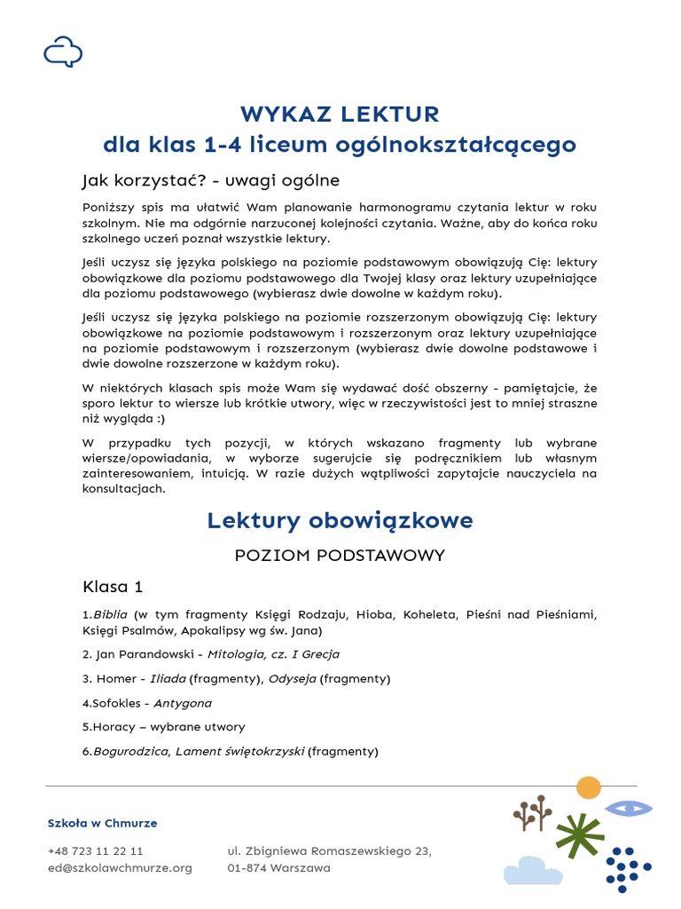 Wykaz Lektur Dla Klas 1-4 Liceum Ogólnokształcącego: Jak Korzystać? - Uwagi Ogólne | PDF