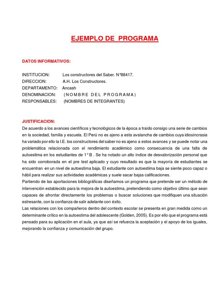 Ejemplo de Programa | PDF | Autoestima | Sicología