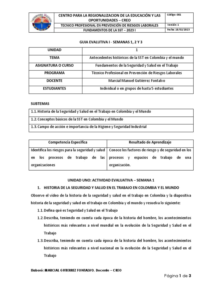Guía Evaluativa I - Fundamentos SST PDF | PDF | Citación