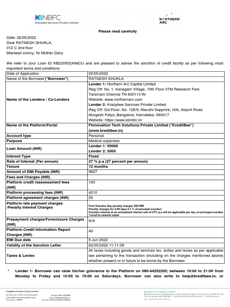 KB220502AIMCU - Sanction Letter PDF | PDF | Loans | Interest