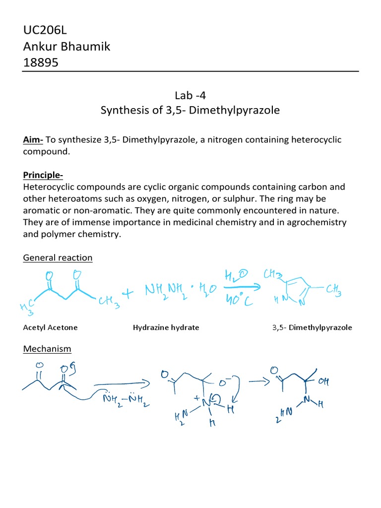 Ankur Bhaumik 18895 UC206L Lab4 Pyrazole Synthesis | PDF | Chemical Reactions | Aromaticity