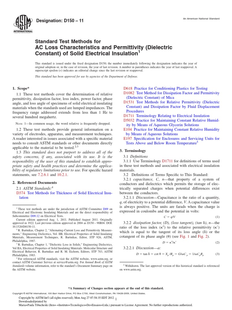 ASTM D 150 - 2011 (Obsoleta) | PDF | Capacitance | Capacitor