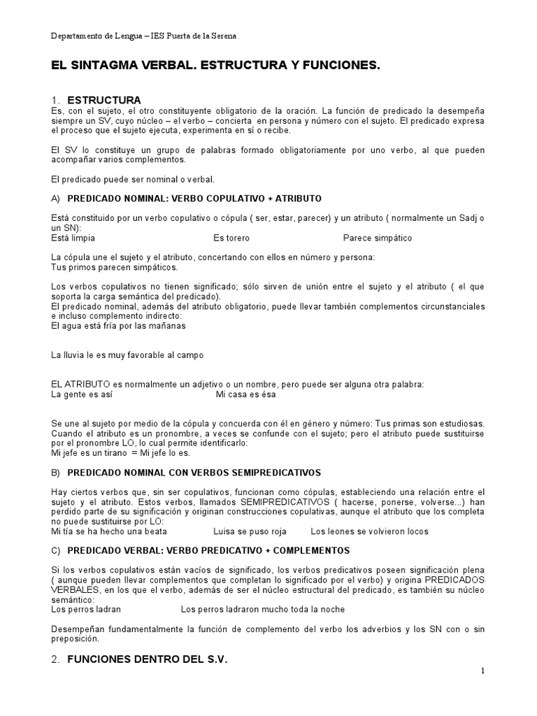 El Sintagma Verbal. Estructura y Funciones | PDF | Predicado (Gramática ...