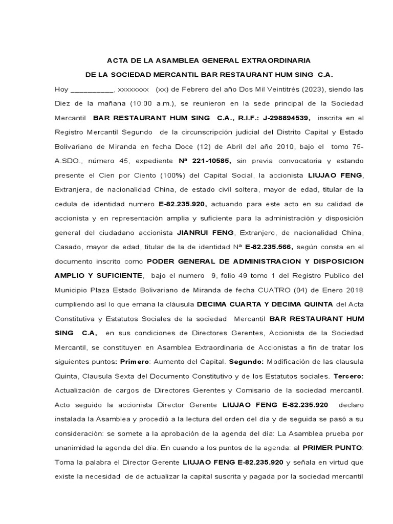 Modelo Acta de Asamblea Aumento de Capital y Cambio de Objeto | PDF