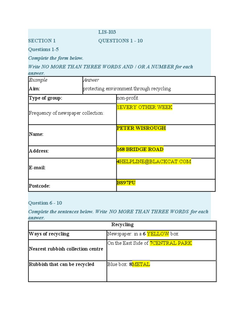 Complete The Form Below. Write No More Than Three Words and / or A ...