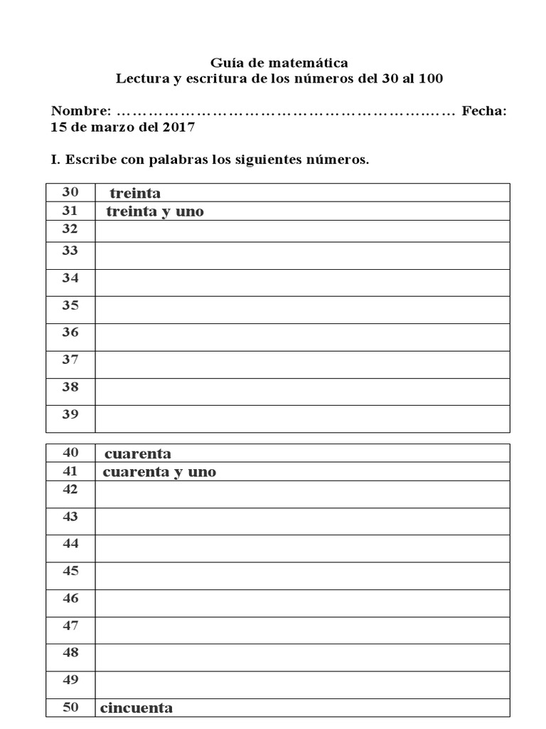Escritura de Números del 30 al 100 | PDF